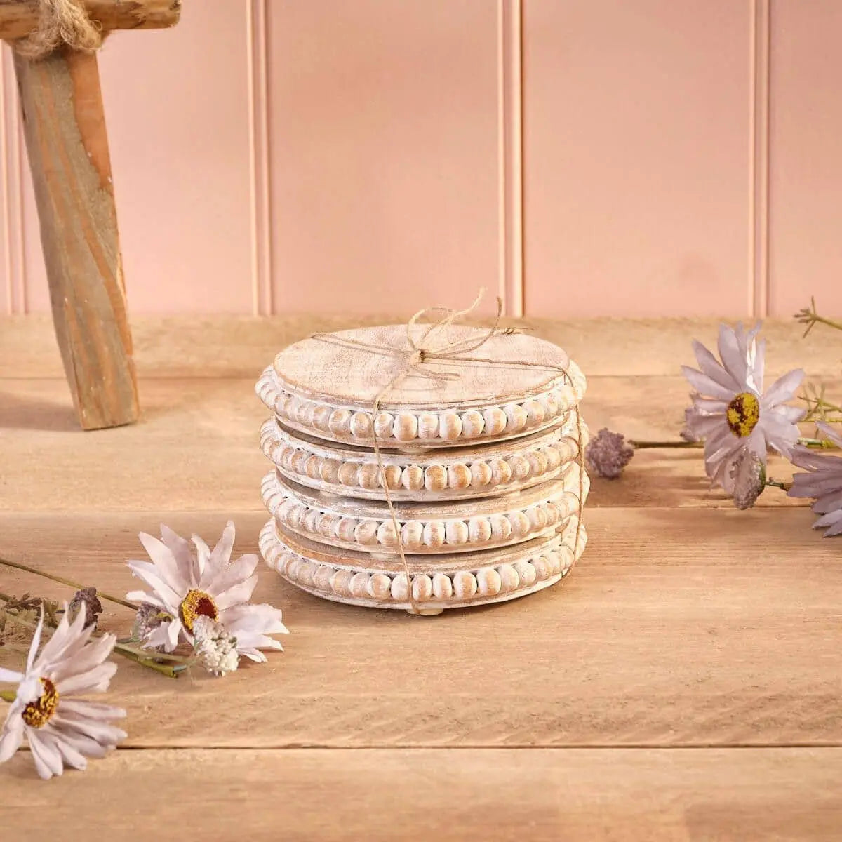 Rustic Mango Wood Set of 4 Round Beaded Coasters