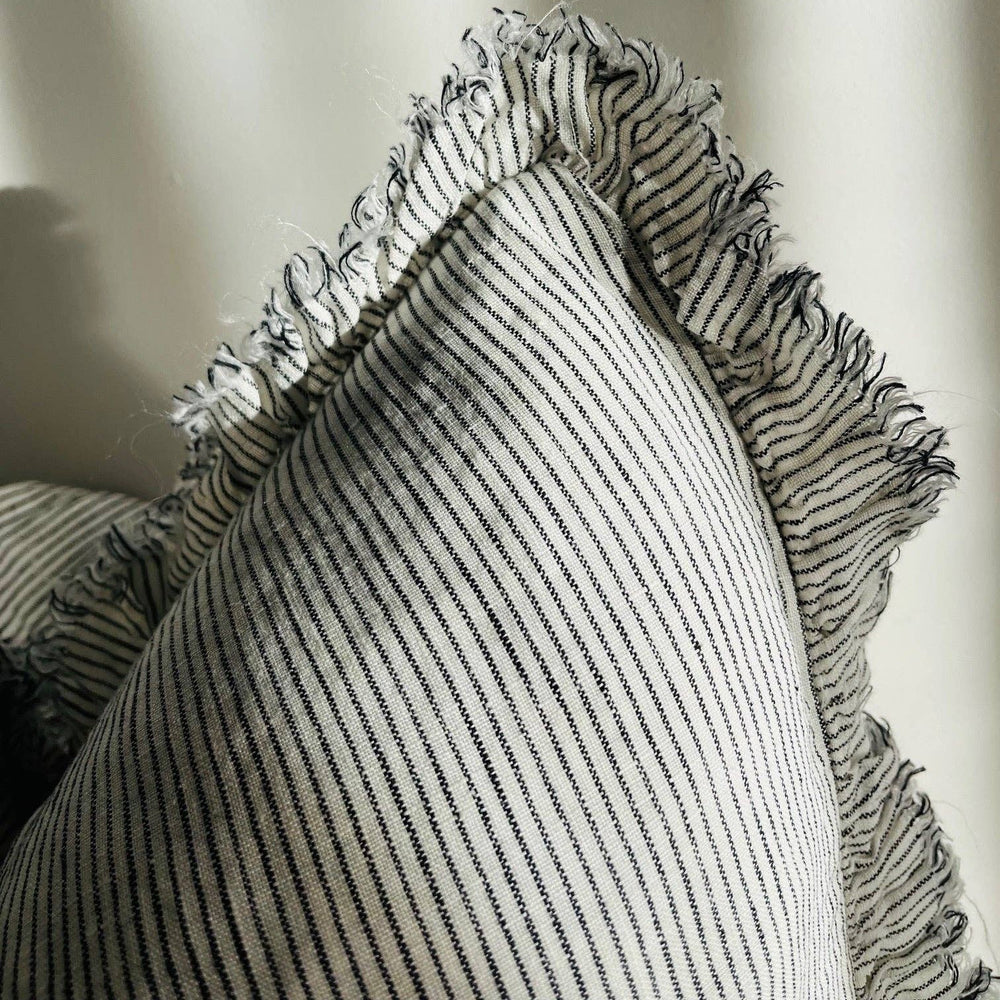 Pure French Linen Frayed Edge Ruffle Cushion Cover Pinstripe 45x45