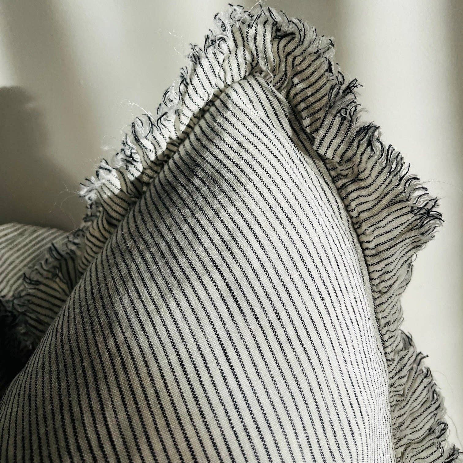 Pure French Linen Frayed Edge Ruffle Cushion Cover Pinstripe 45x45